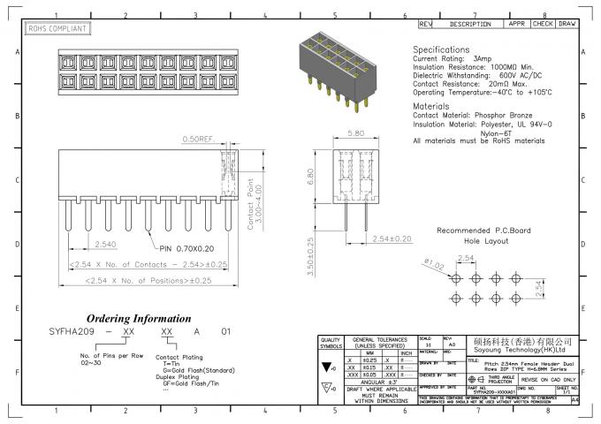 Female Header Connector 2.54mm Dual Row Dip TYPE 2*2PIN To 2*40PIN H=6 ...