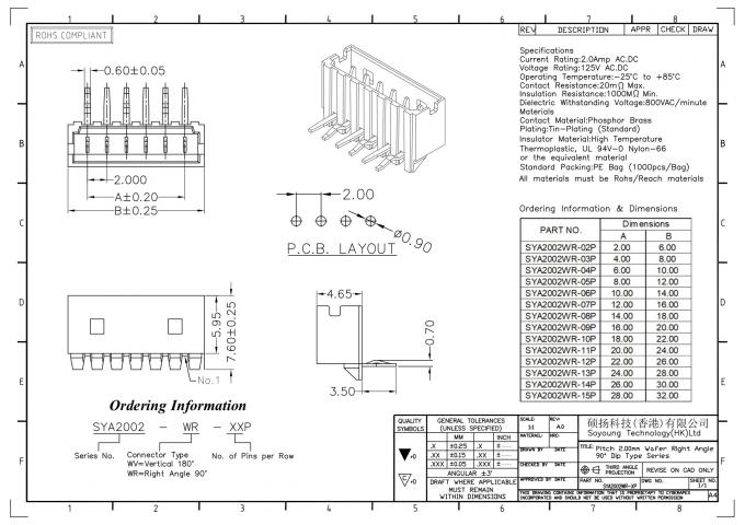 2.0mm Wire To Board Connector Wafer Single Row Right Angle Dip Type 1*2Pin-1*15Pin Molex 53015-XX10